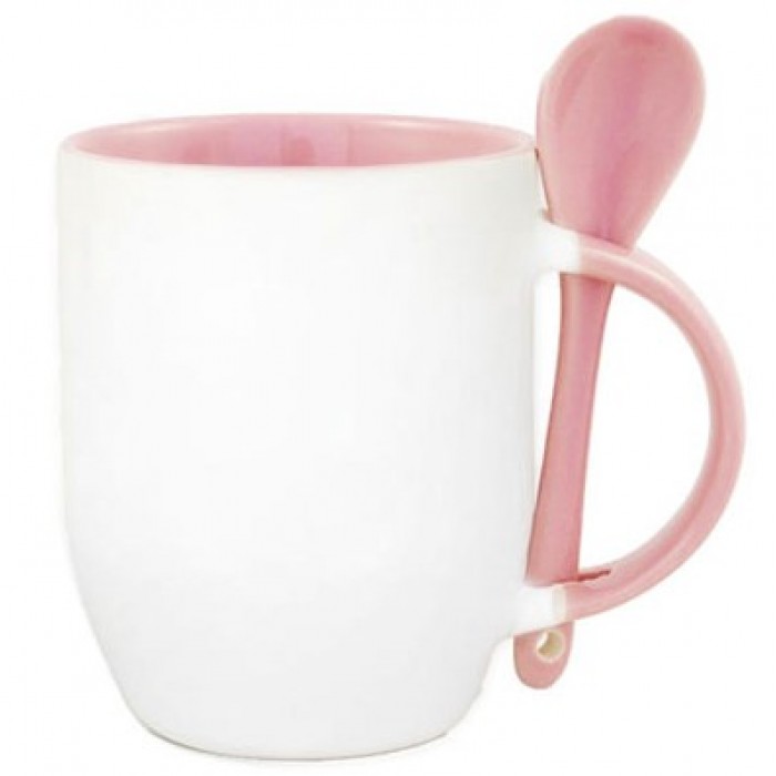 500605- WHITE/PINK SUBLIMATION BLANK CERAMIC COFFEE MUG WITH SPOON